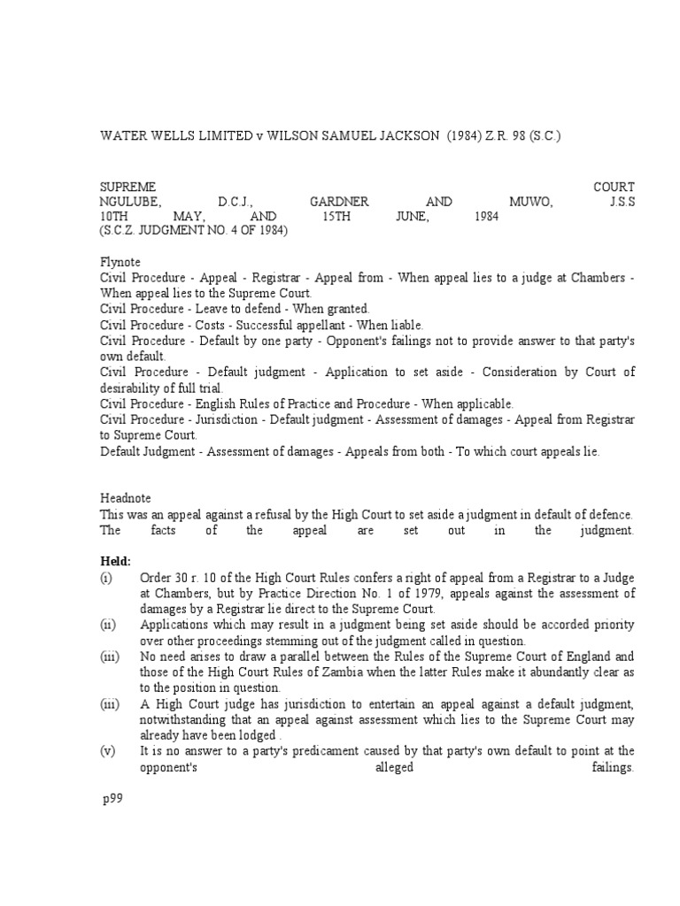 Walter Wells LTD V Wilson Samuel Jackson 1984 | PDF | Default Judgment ...