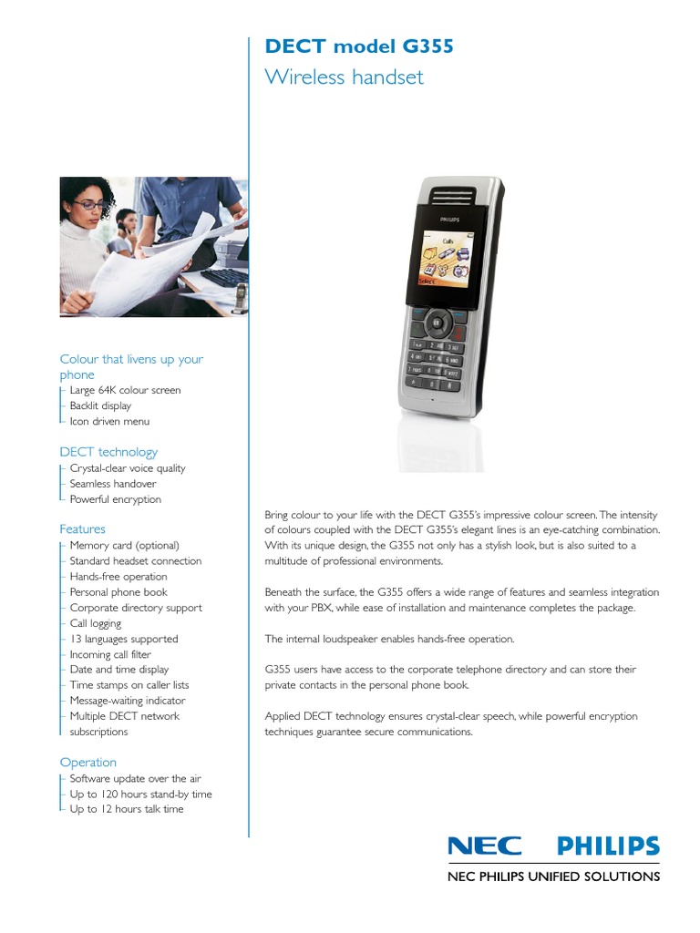 Datasheet DECT Handset G355 | PDF | Battery Charger | Telephone