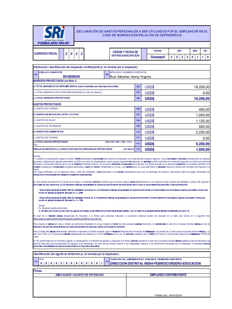 Formulario SRI GP - 2023 Miss Yenny | PDF | Impuesto sobre la renta ...
