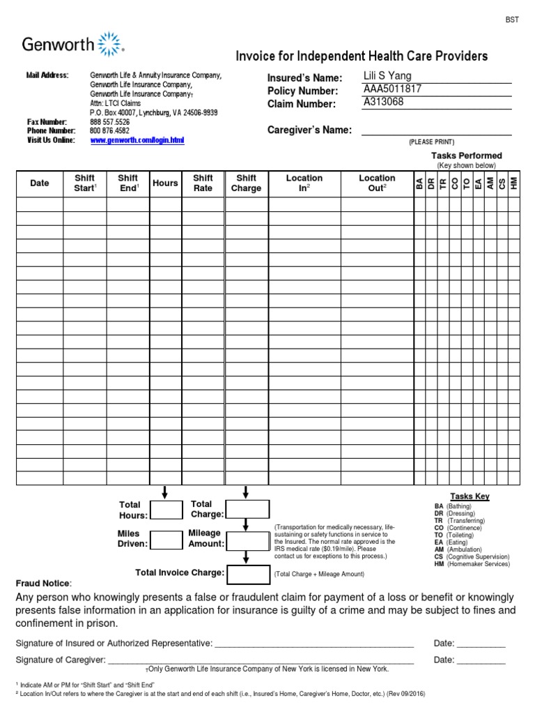Genworth Independent Care Provider Invoice | PDF | Insurance | Caregiver