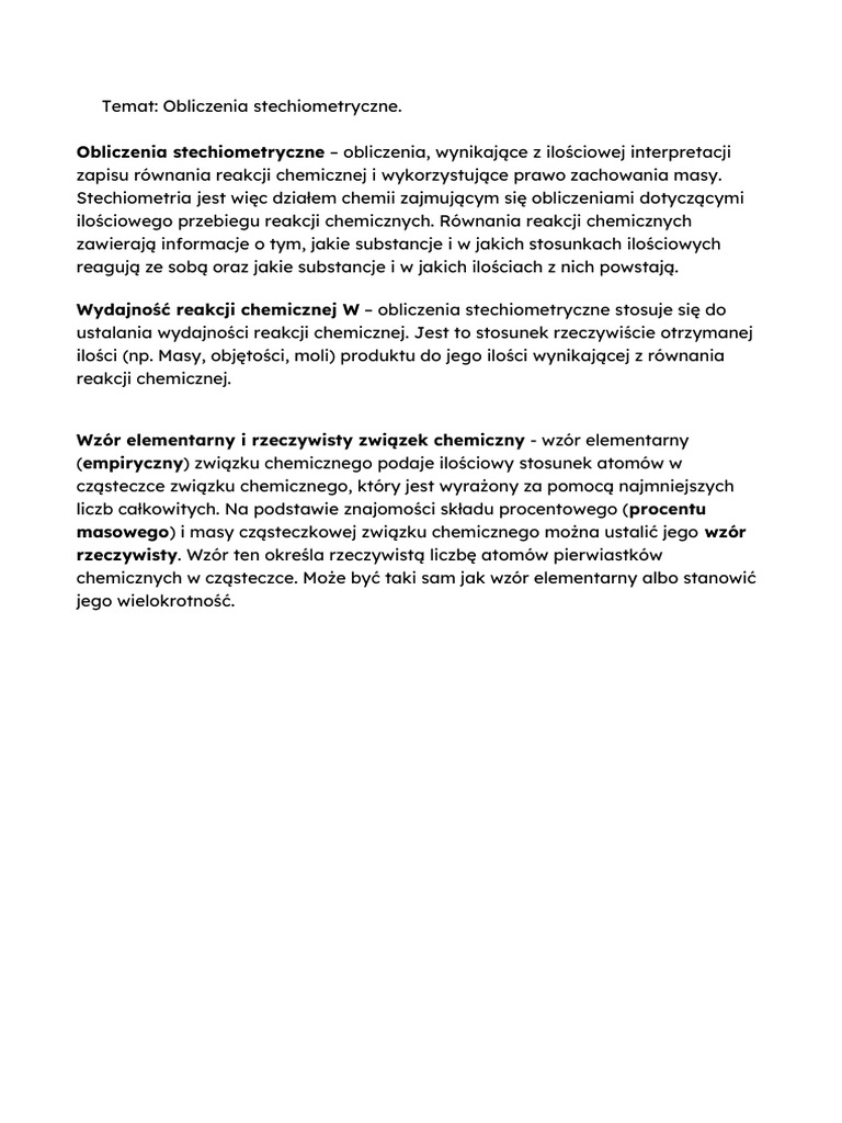 Temat - Obliczenia Stechiometryczne | PDF