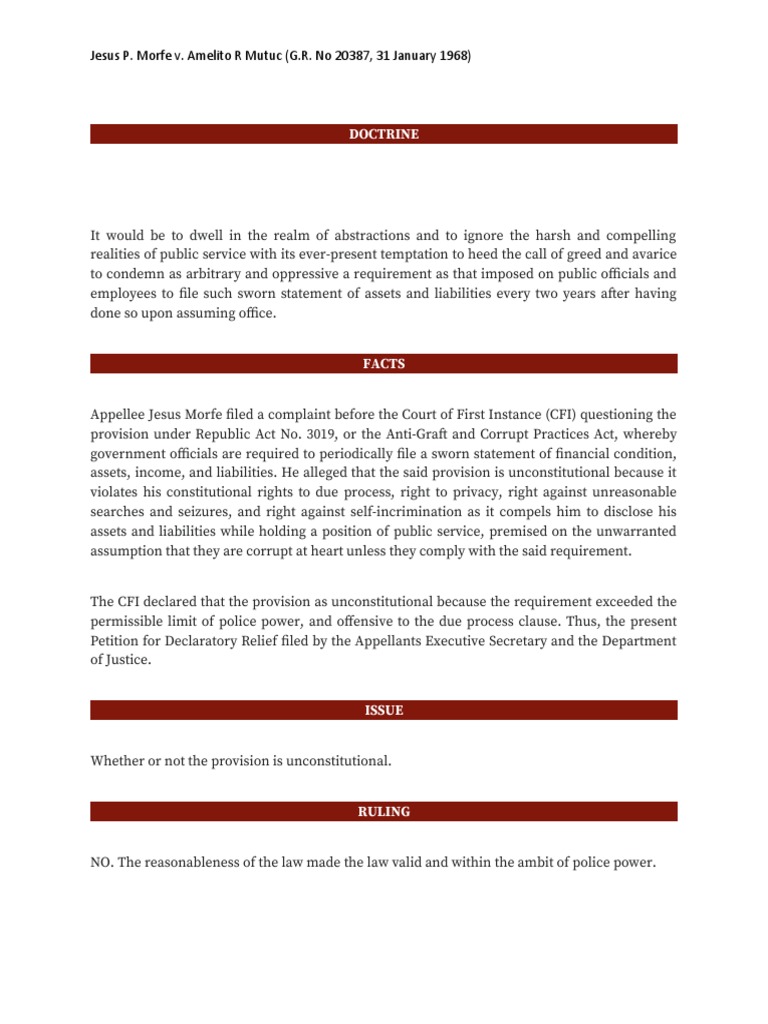 ND Jesus P. Morfe v. Amelito R Mutuc (G.R. No 20387, 31 January 1968 | PDF