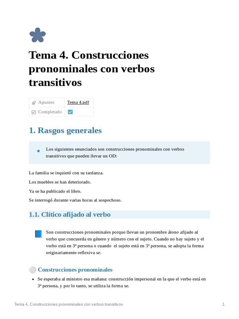 Tema 4. Construcciones Pronominales Con Verbos Transitivos | PDF | Asunto (gramática) | Verbo