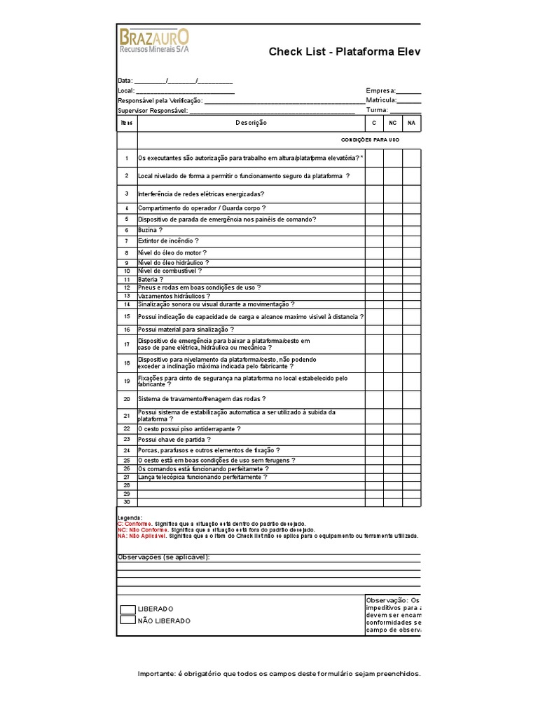 Chek List Plataforma Elevatória | PDF