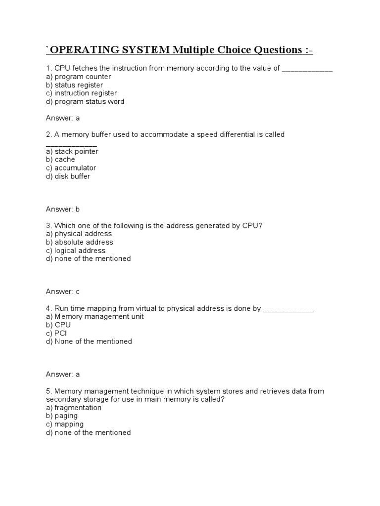 OPERATING SYSTEM Multiple Choice Questions | PDF | Computer Data Storage | Operating System