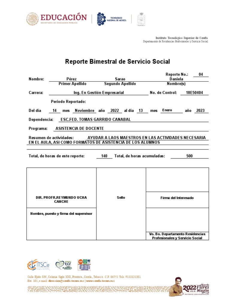 Fg2m 027 Reporte Bimestral De Servicio Social No 4 Pdf