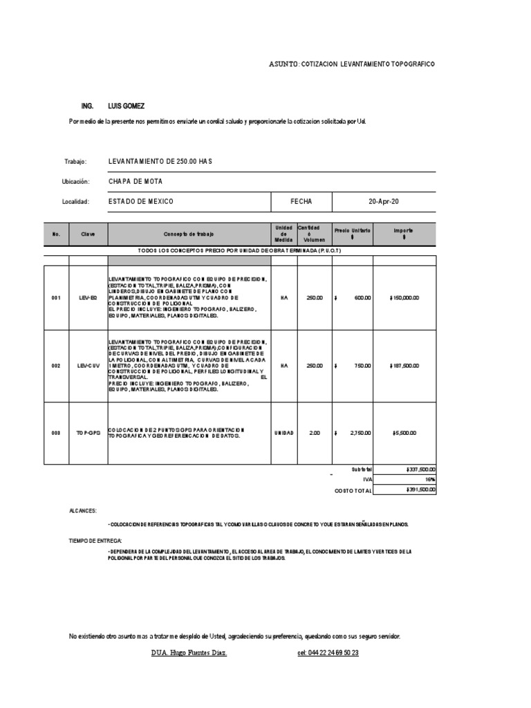 Cotizacion Levantamiento Topografico Hectarea | PDF | Topografía | Diseño gráfico