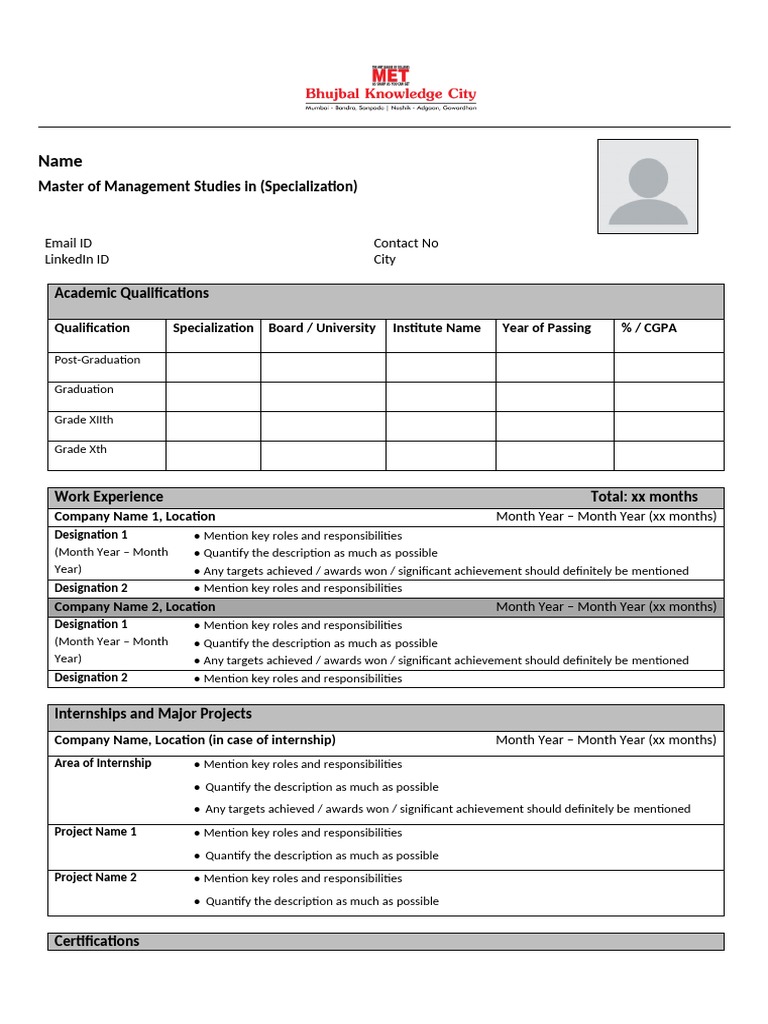 Resume Format - MET | PDF | Career & Growth
