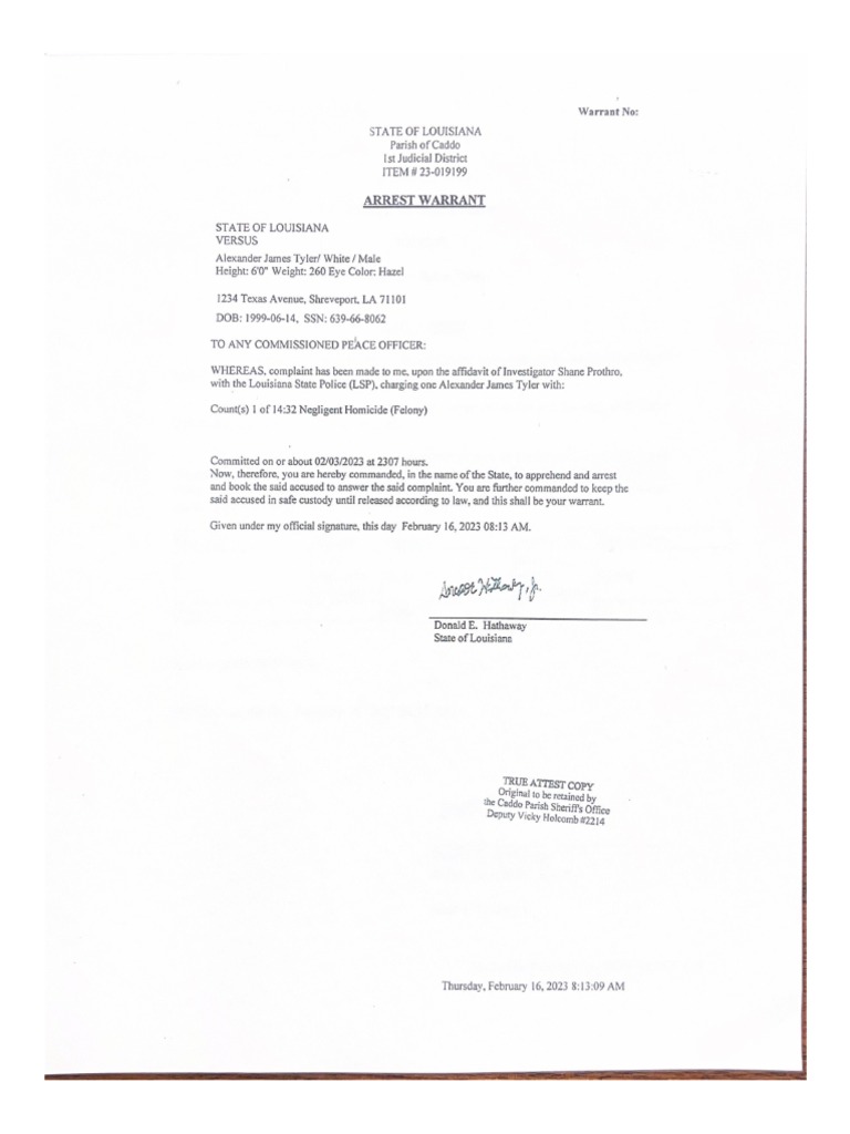 Officer Alexander Tyler Arrest Warrant | PDF