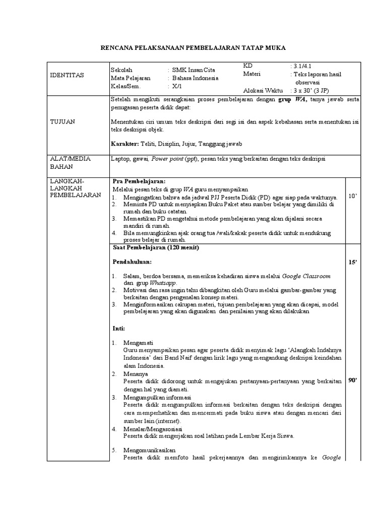 RPP Teks Laporan Hasil Observasi Kelas X SM 1 | PDF