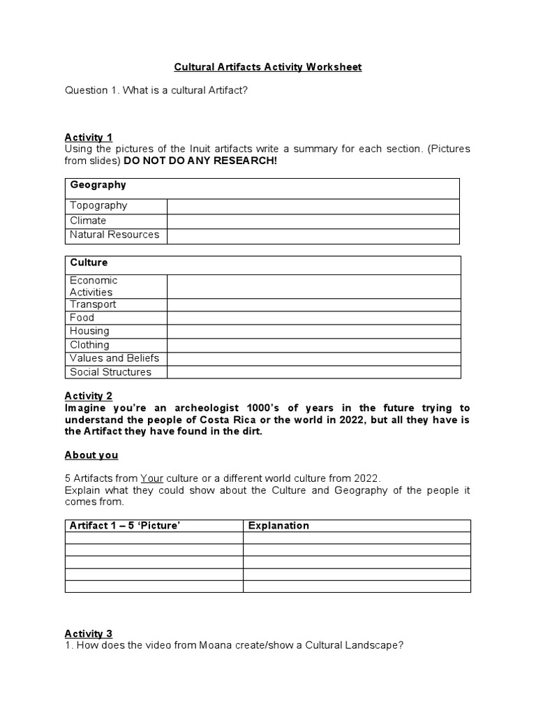 Cultural Artifacts Activity Worksheet | PDF