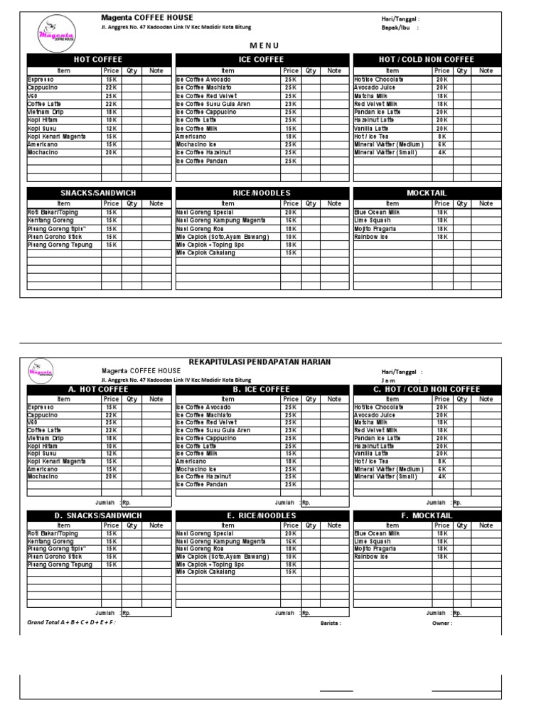 MENU PESANAN Dan REKAPITULASI | PDF | Coffee | Non Alcoholic Drinks