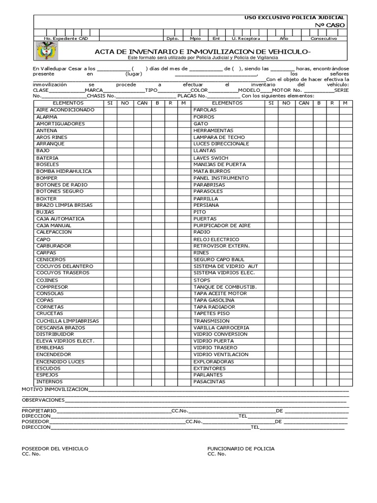 Acta de Inventario Vehiculo | PDF | Vehículos de ruedas | Industria automotriz