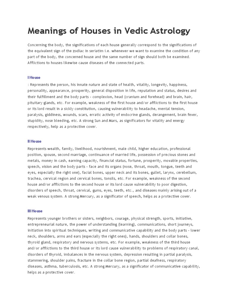 Meanings of Houses in Vedic Astrology | PDF | Neck | Abdomen