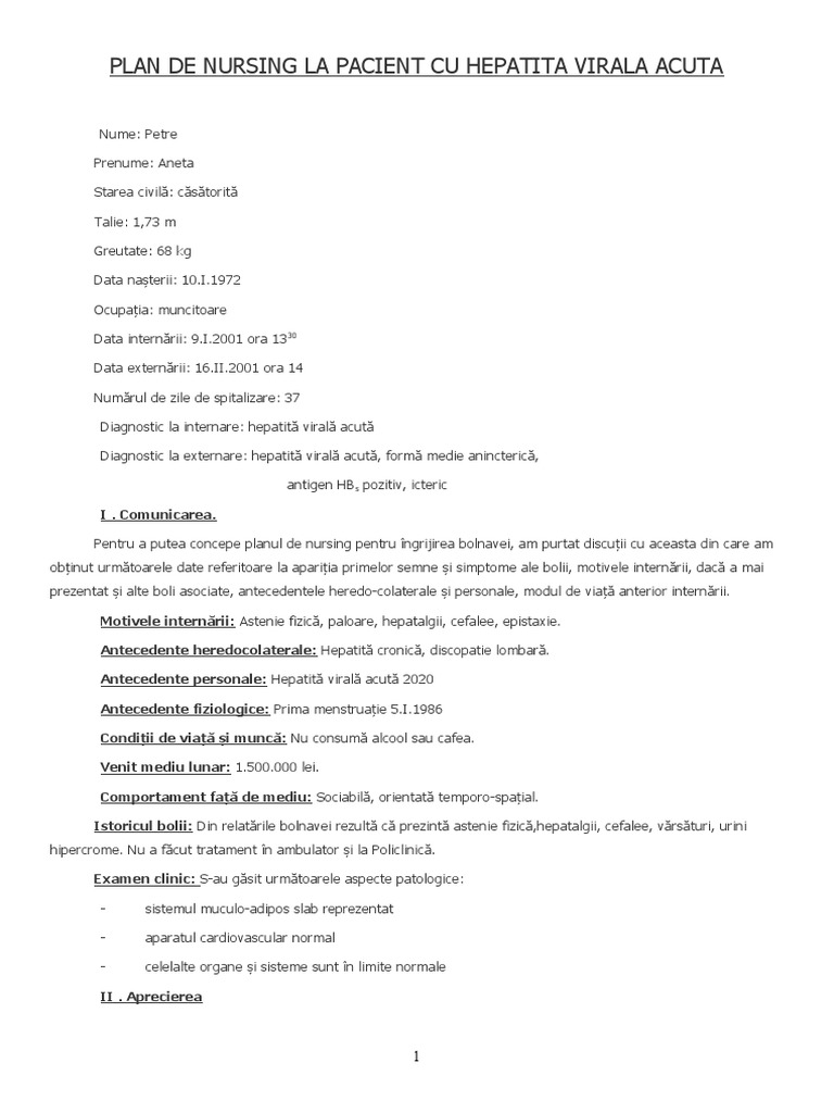 Plan-De-Îngrijire - La-Pacient-Cu-Hepatita-Virala-Acuta | PDF