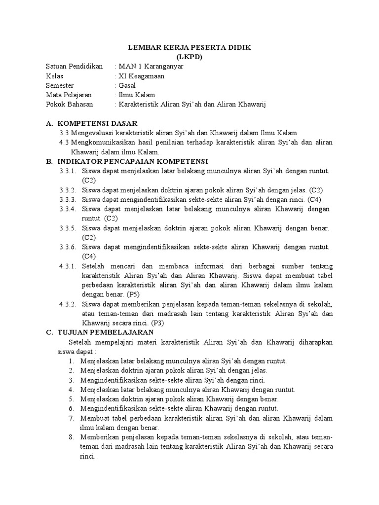 Lember Kerja Peserta Didik Syiah Dan Khawarij | PDF | Karier ...