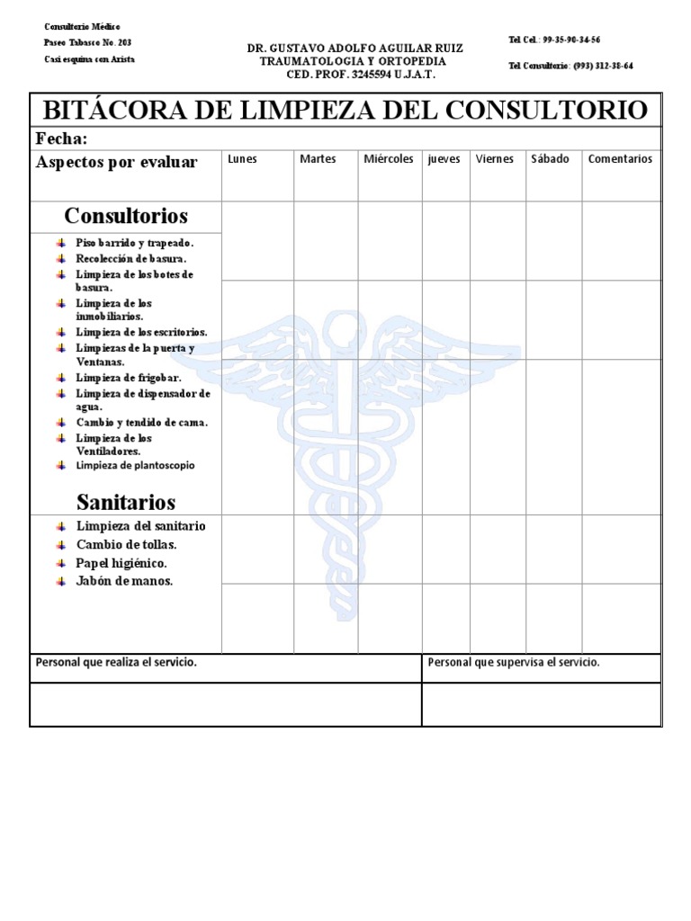 Bitacora de Limpieza Consultorio. | PDF