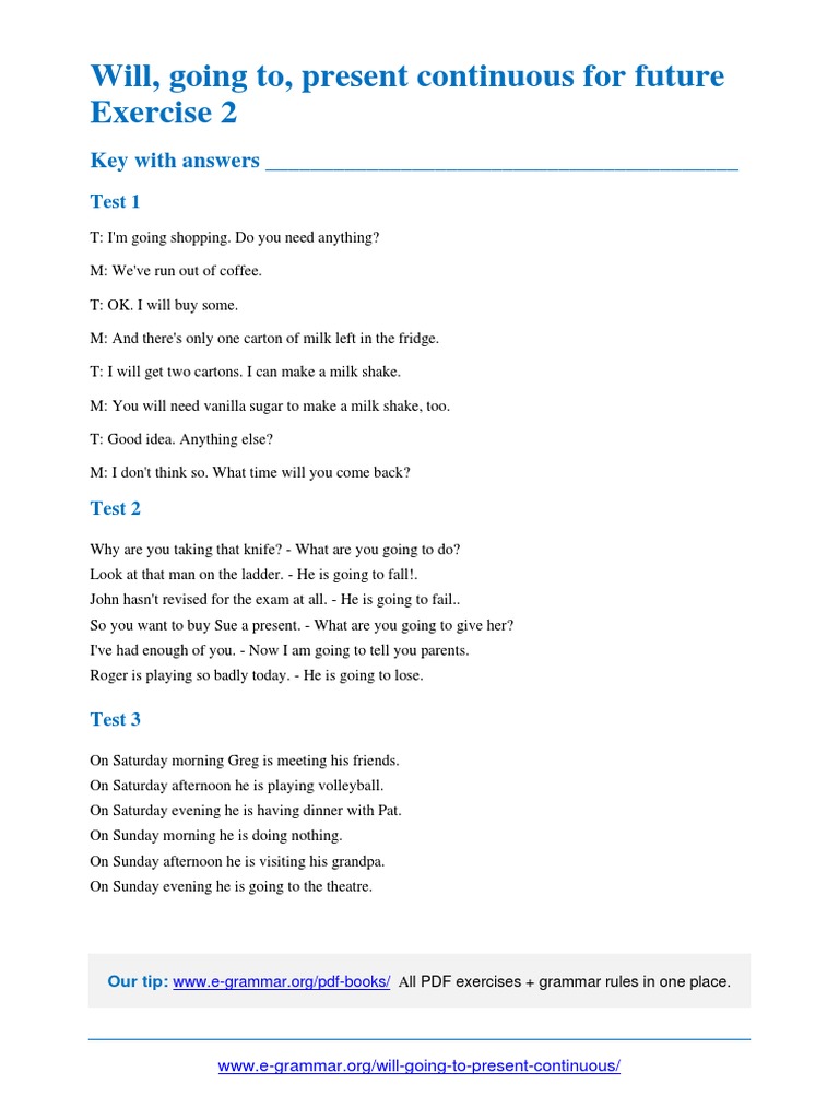 Will, going to, present continuous for future exercises | PDF