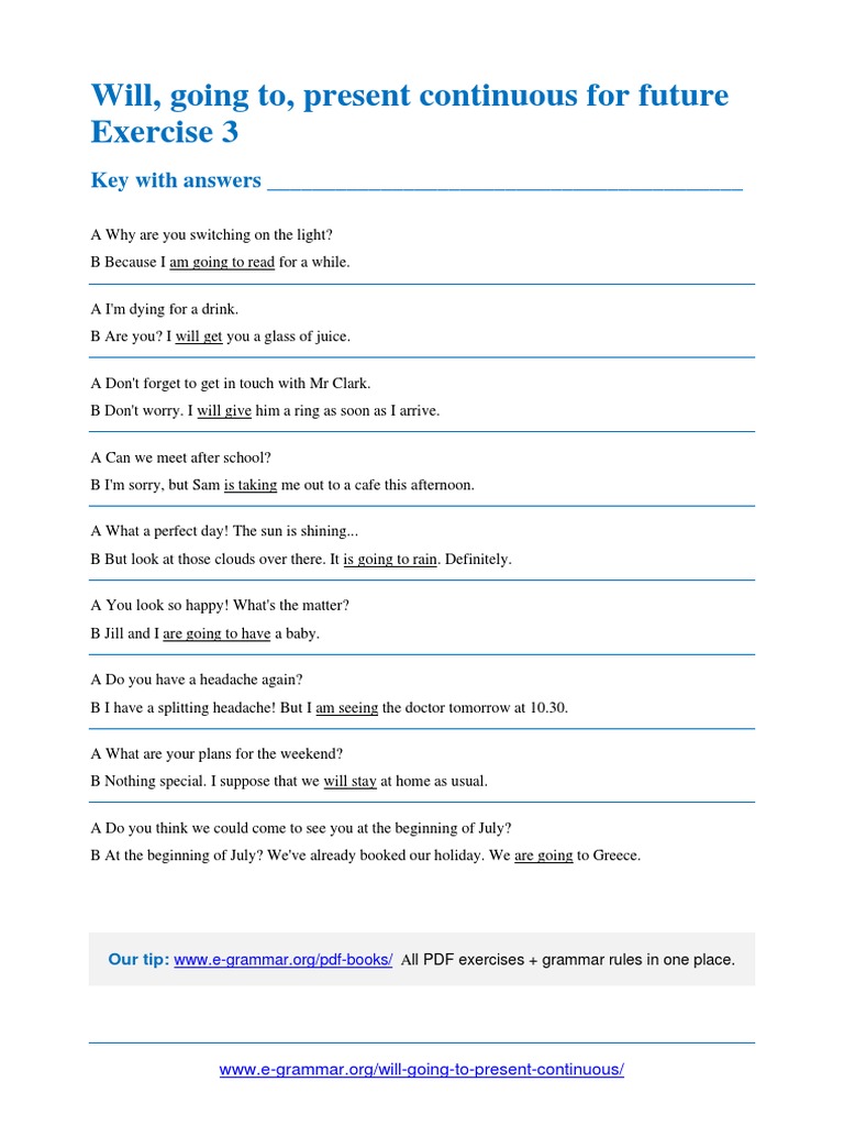 Will Going To Present Continuous Exercise 3 Key | PDF | Home & Garden ...