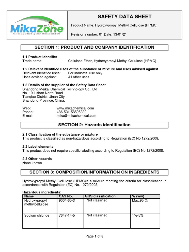 SDS Hydroxypropyl Methyl Cellulose (HPMC) | PDF | Dangerous Goods | Toxicity