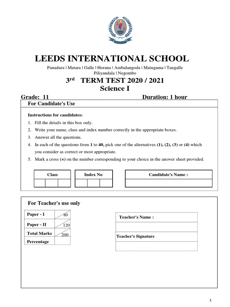 G11 - Third Term Examination (2021) - Leeds International School | PDF | Ammonia | Blood Vessel