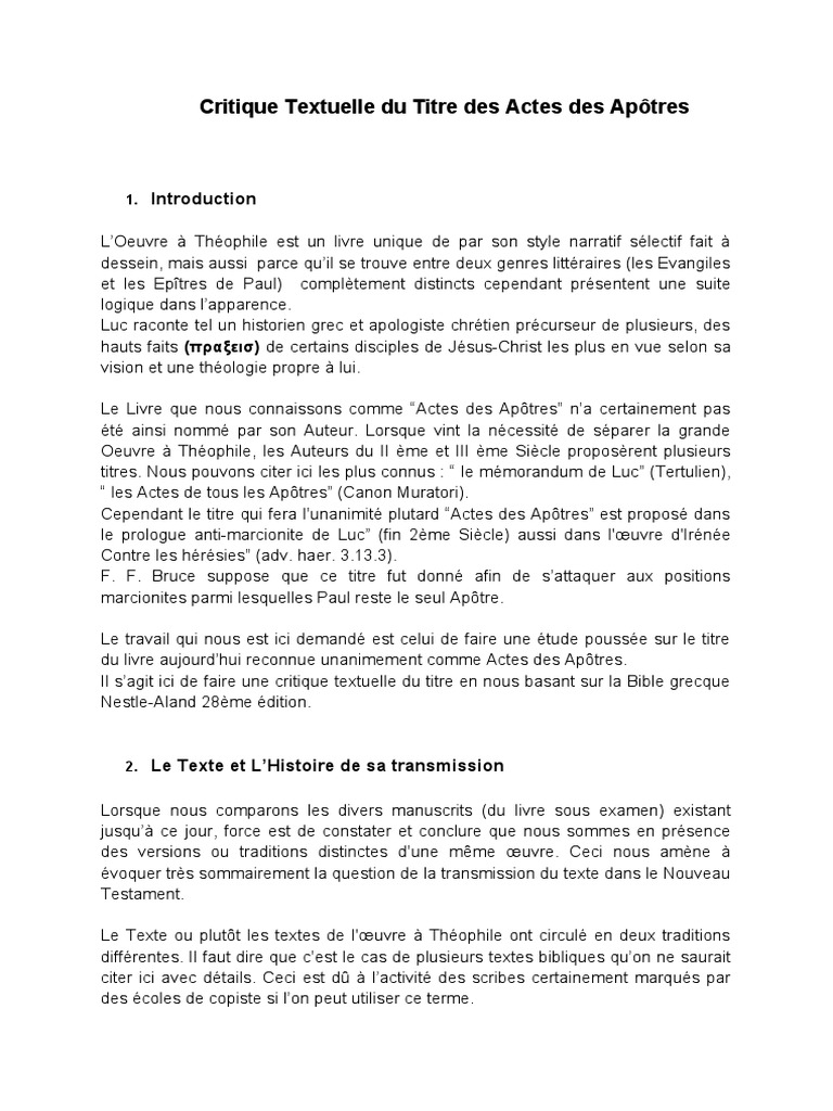 Critique Textuelle Du Titre Des Actes Des Apôtres | PDF | Actes des ...
