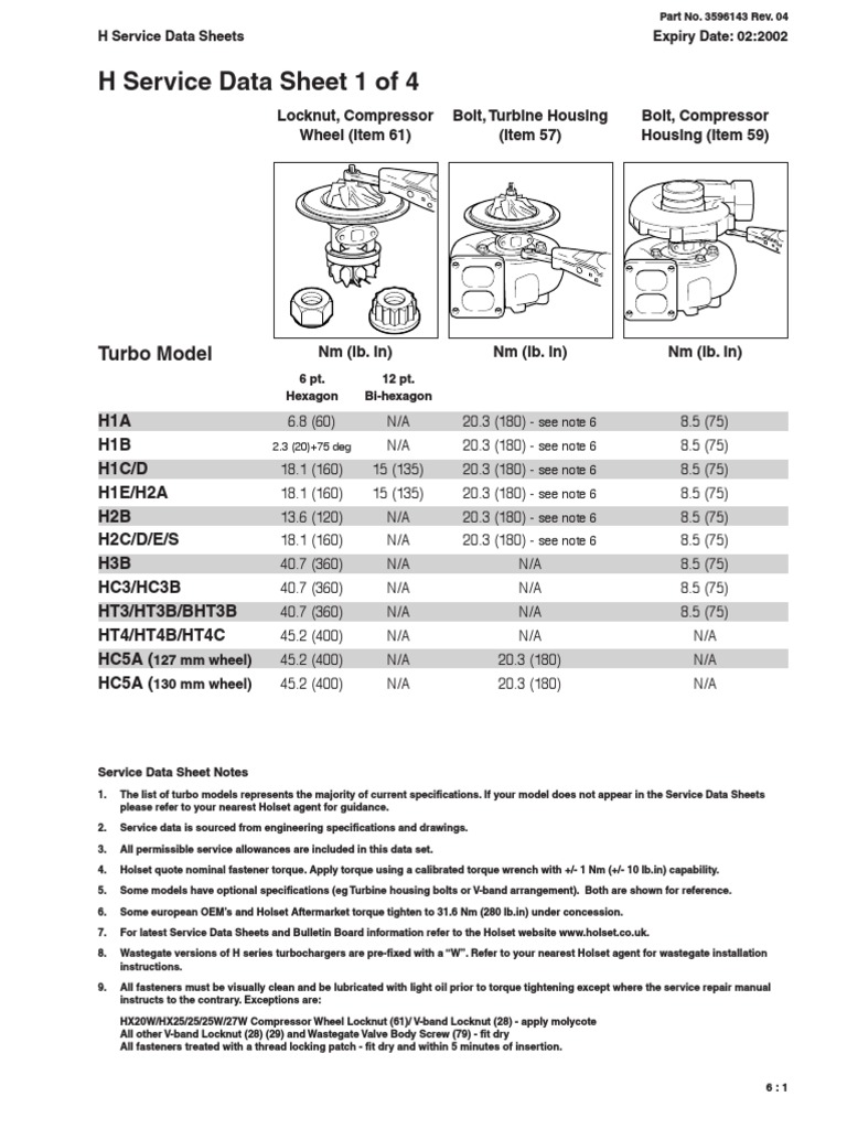 H Service Data Sheet | PDF | Screw | Turbocharger