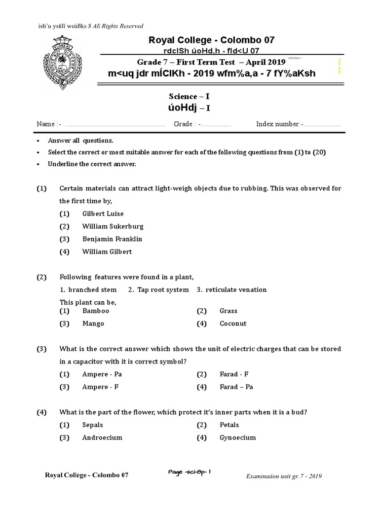 G7 - First Term Examination (2019) - Royal College, Colombo 07 | PDF | Electric Charge | Capacitor
