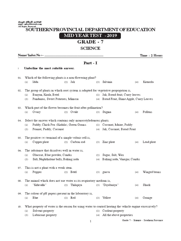 G7 - Second Term Examination (2019) - Southern Provincial Department of Education | PDF | Water ...