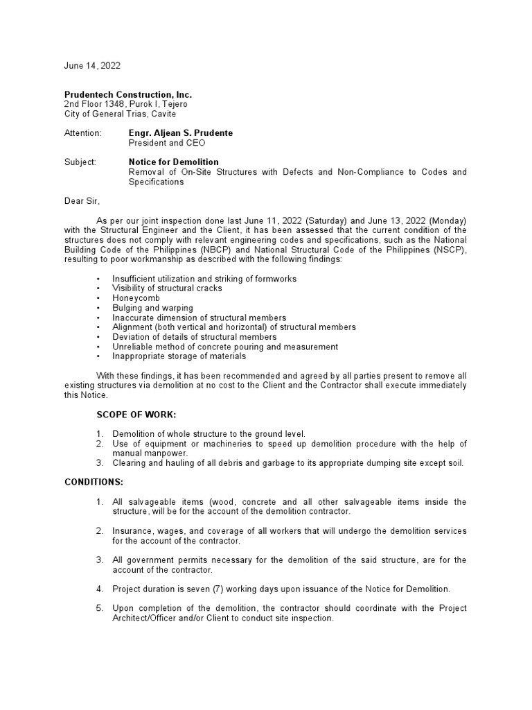 2022.0615 Notice For Demolition | PDF | Demolition