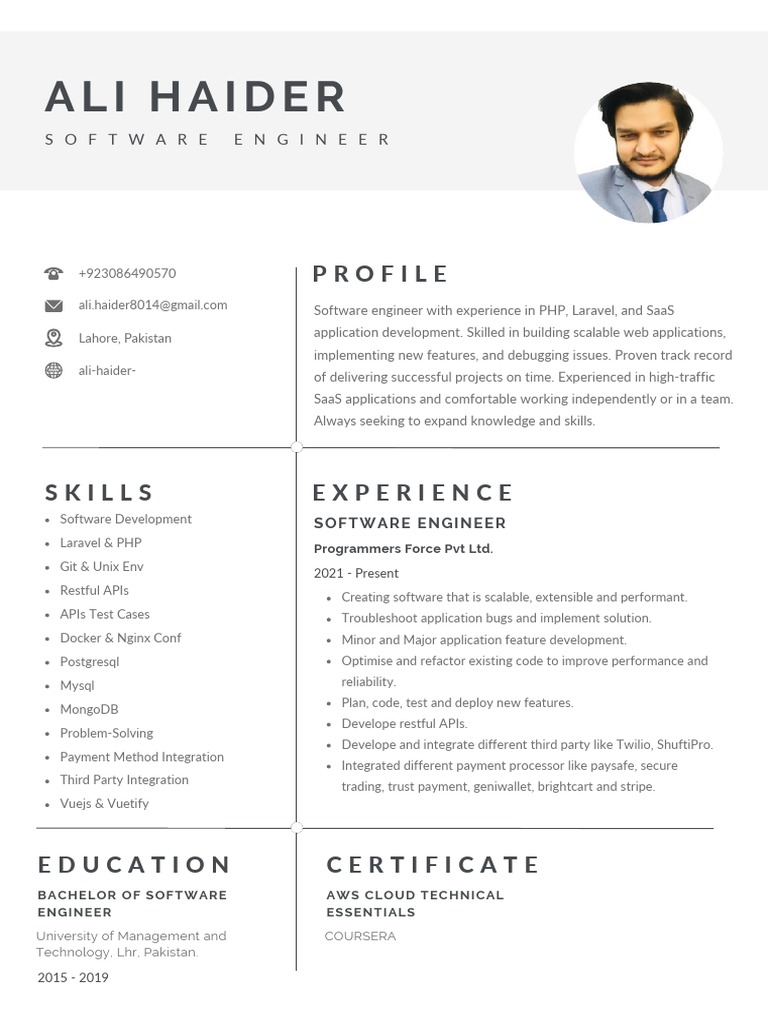 Profile of Ali Haider: Software Engineer with Experience in PHP, Laravel, SaaS Application ...