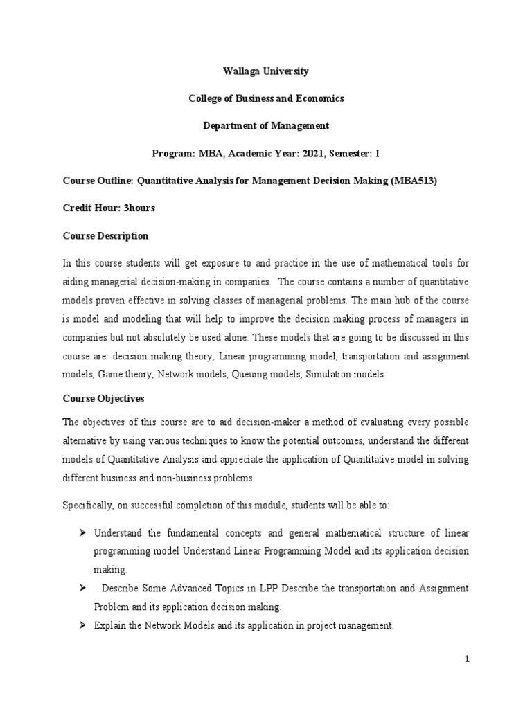 MS (QT) Course Outline For MBA WU | PDF | Conceptual Model | Decision ...