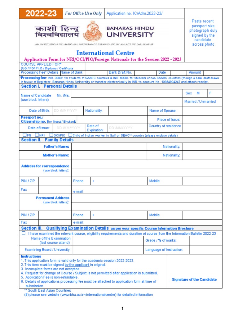 NRI/OCI Application Form for 2022-23 | PDF | Doctor Of Philosophy ...