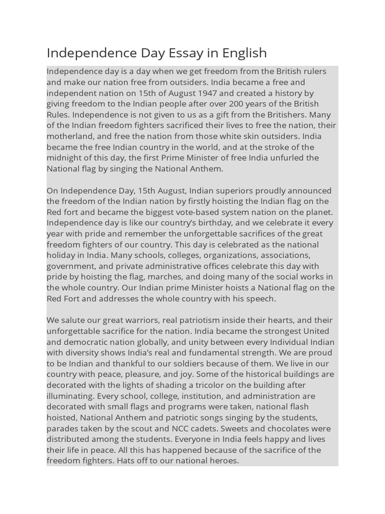 Independence Day Essay in English | PDF | Independence Day (United ...