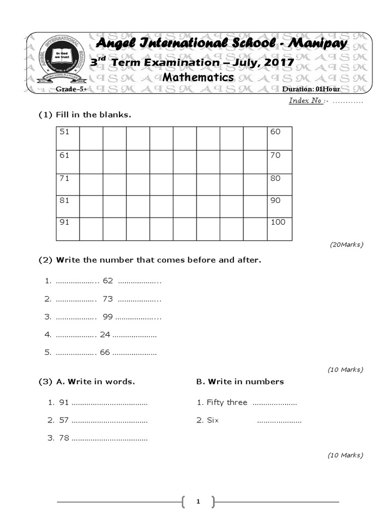 Grade 5 Math Exam - July 2017 | PDF | Mathematics | Science