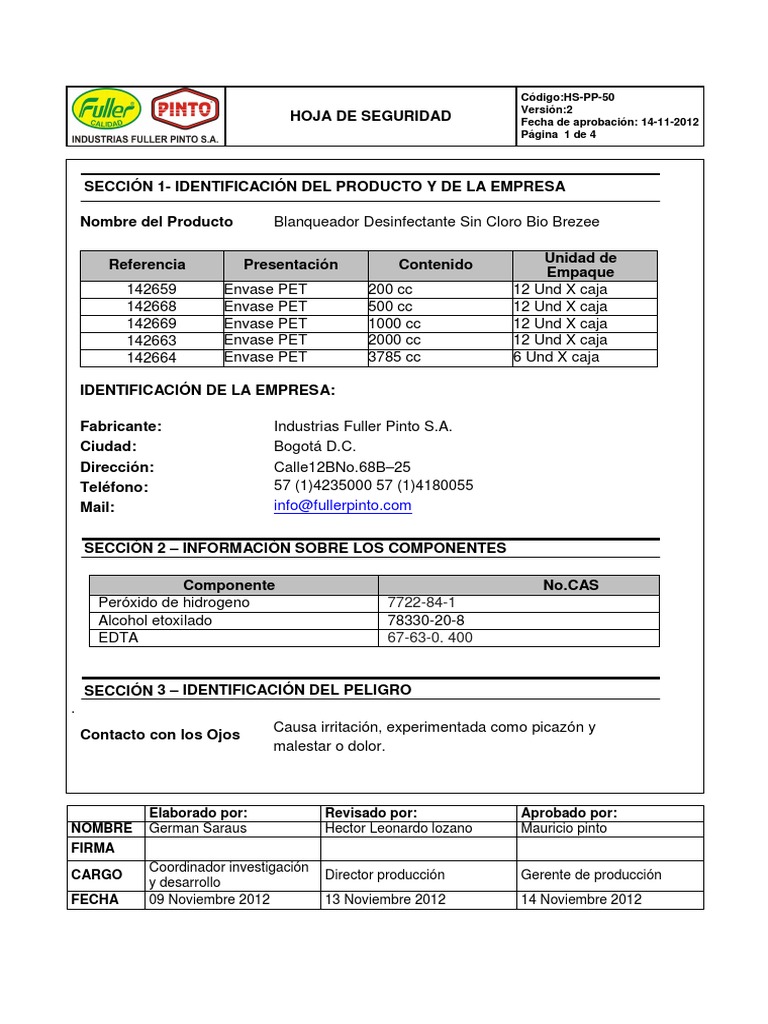 HS-PP-50 Hoja de Seguridad Blanqueador Desinfectante Sin Cloro Bio ...