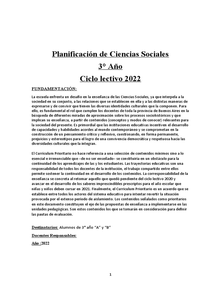 Planif - Cs Sociales 3° Primaria | PDF | Enseñando | Plan de estudios