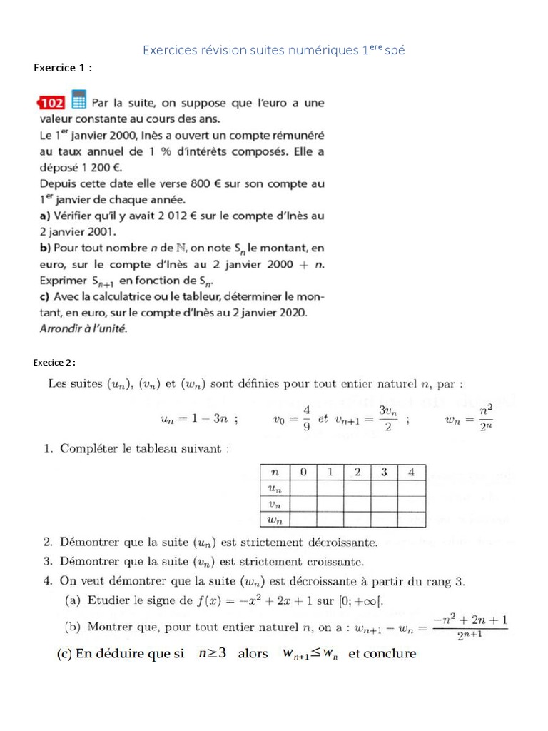 Exercices Suites Numériques 1ere | PDF