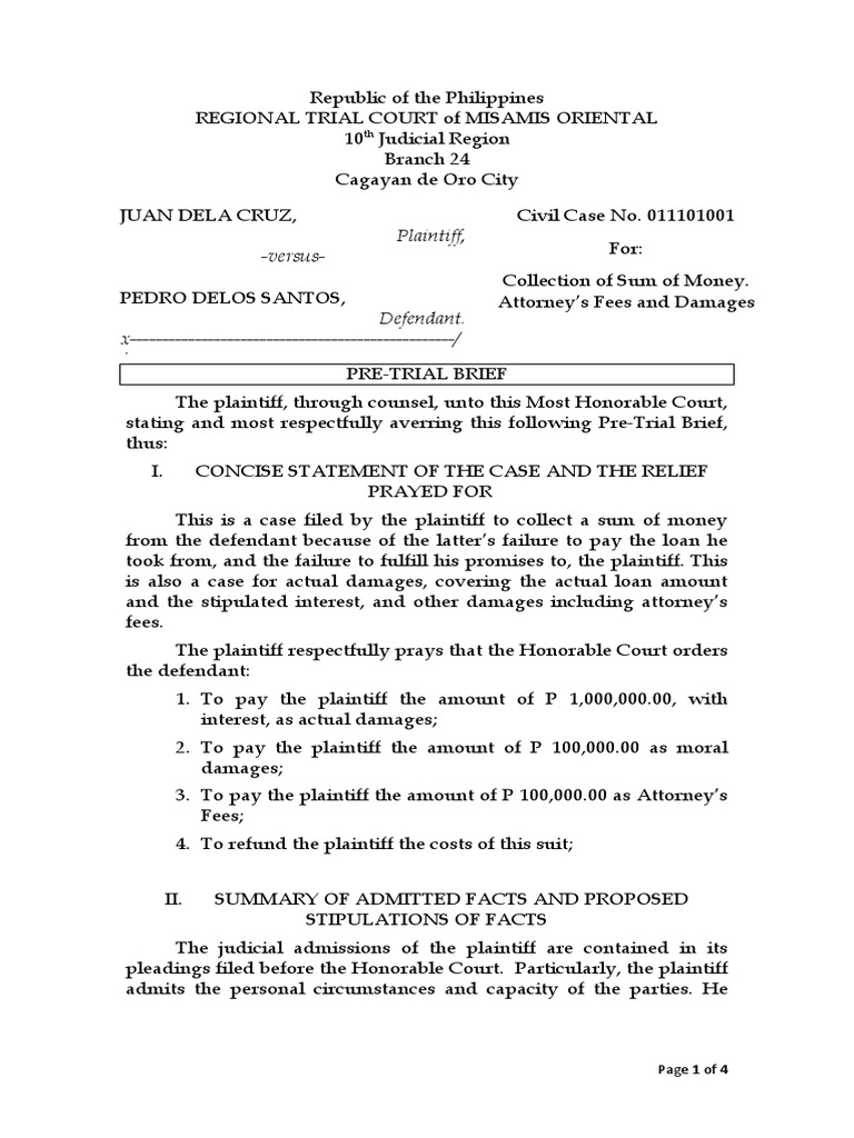 Pretrial Brief Sample (New Rules) | PDF | Lawsuit | Damages