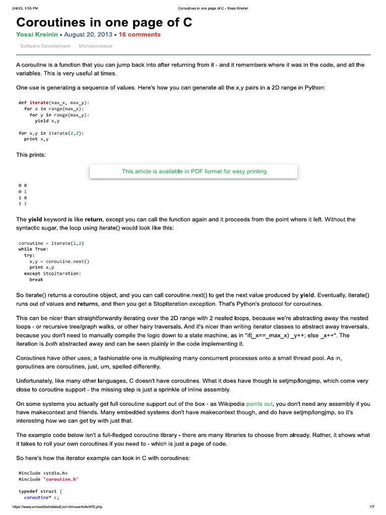 Coroutines in One Page of C | PDF