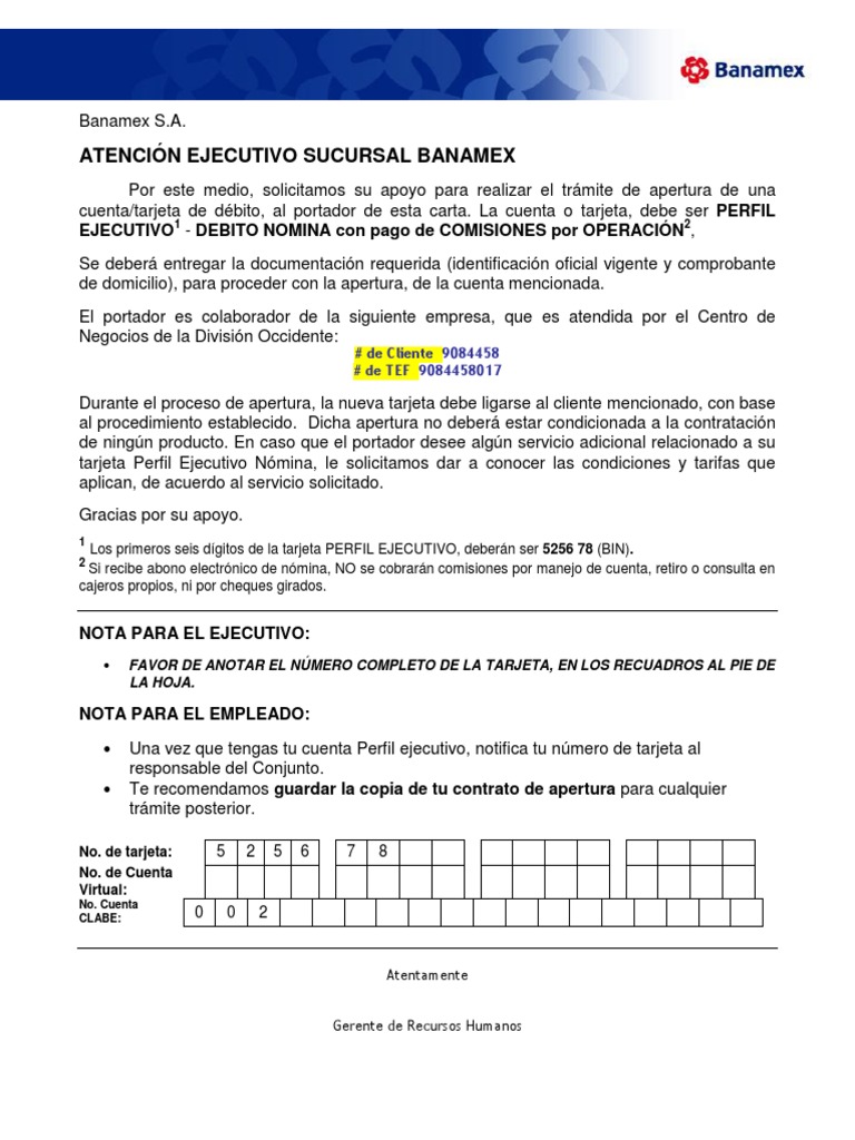 Carta Apertura Cuenta Perfil Ejecutivo Banamex | PDF