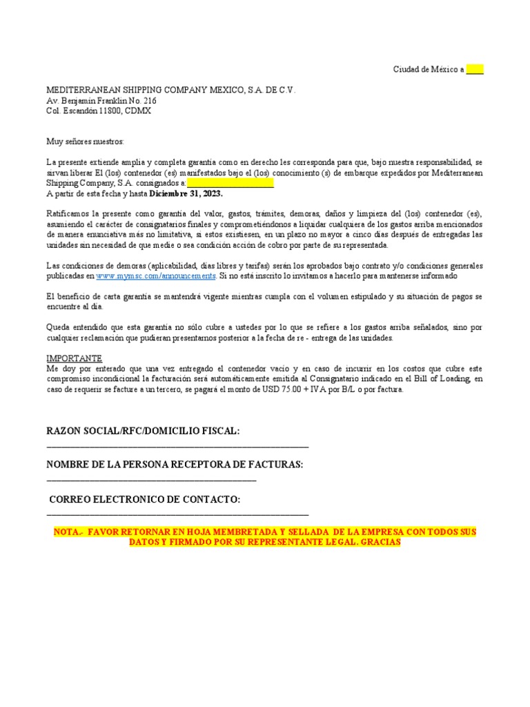 MSC Cartas Garantia Renovacion | PDF | Finanzas y dinero