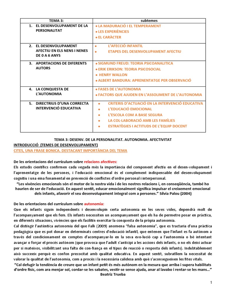 TEMA 3 Resum - Desen. de La Personalitat. Autonomia. Afectivitat | PDF
