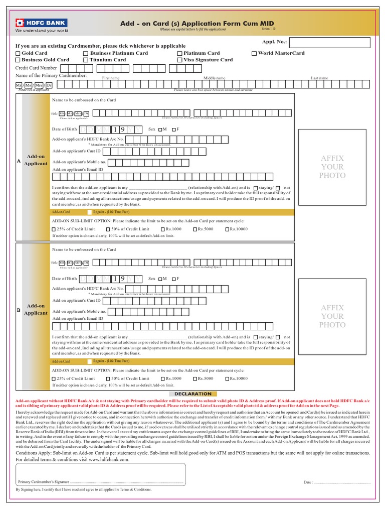 HDFC Add-On Credit Card Application Form | PDF | Identity Document ...