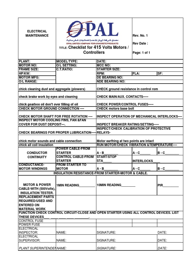 00-PM Checklist For 415 Volts Motors - Rev 1 | PDF | Electric Motor ...