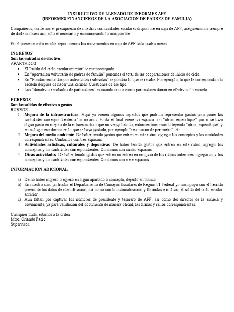 Instructivo Llenado de Informes APF | PDF