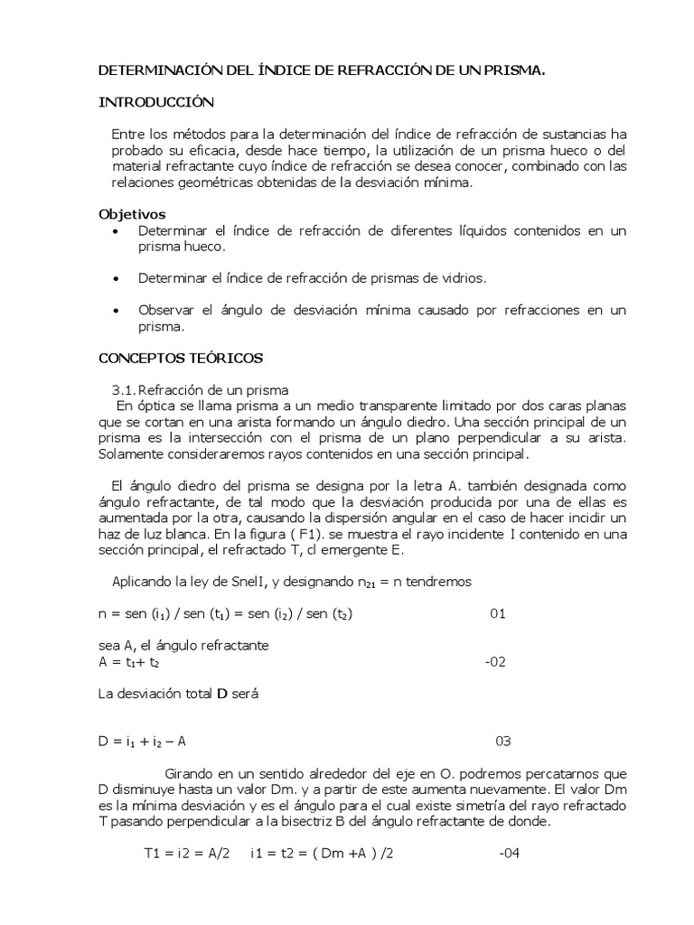 Determinación Del Índice de Refracción de Un Prisma | PDF | Dispersión (óptica) | Refracción