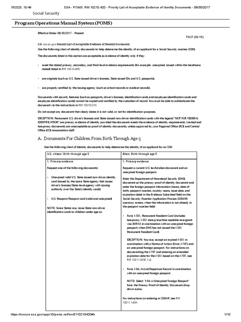 SSA - POMS - RM 10210.420 - Priority List of Acceptable Evidence of Identity Documents - 08 - 30 ...