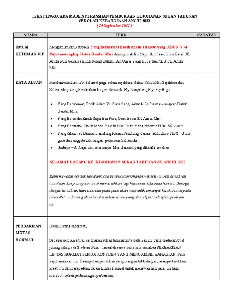 Teks MC Majlis Sukan Tahunan 2022 | PDF