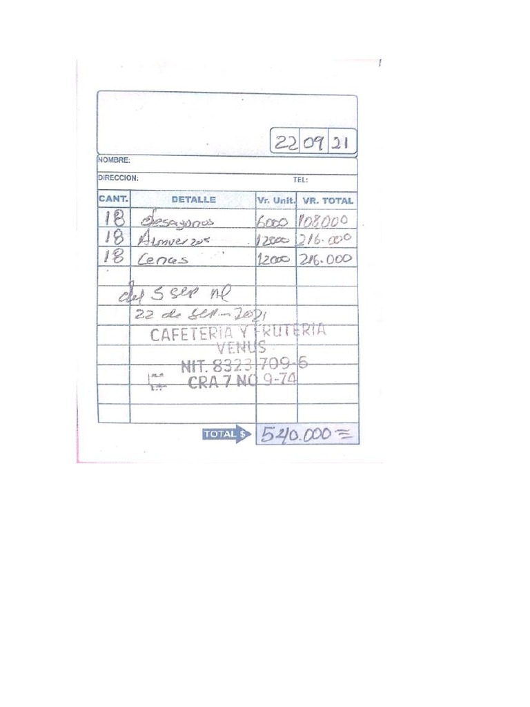 Modelo De Recibo Comida